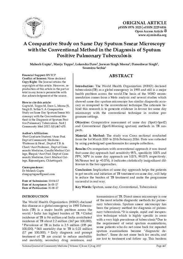 (PDF) A Comparative Study on Same Day Sputum Smear Microscopy with the ...