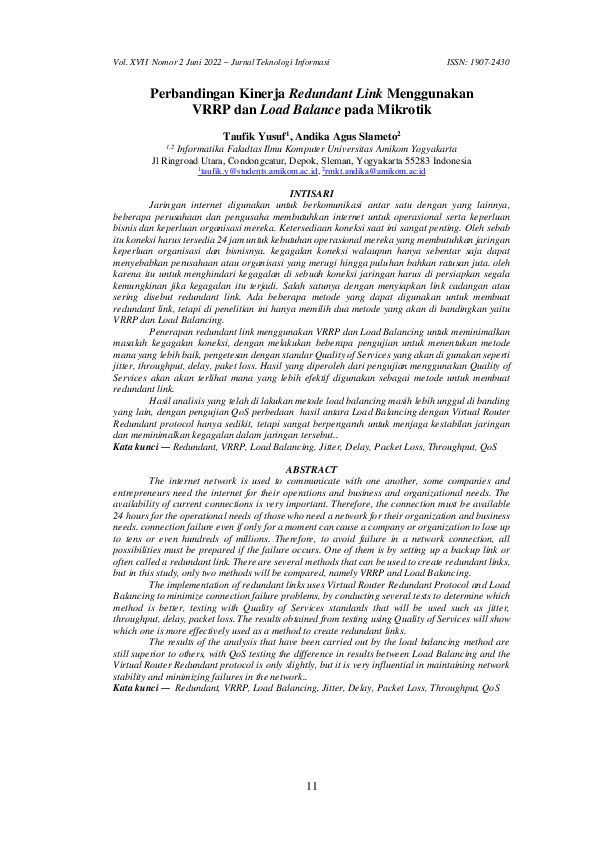 (PDF) Perbandingan Kinerja Redundant Link Menggunakan VRRP dan Load Balance pada Mikrotik