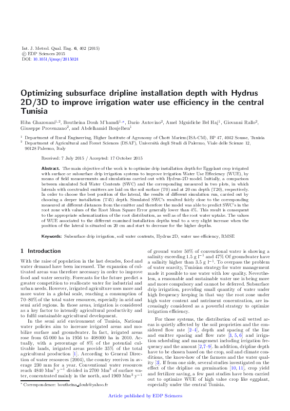 (PDF) Optimizing subsurface dripline installation depth with Hydrus 2D/3D to improve irrigation ...