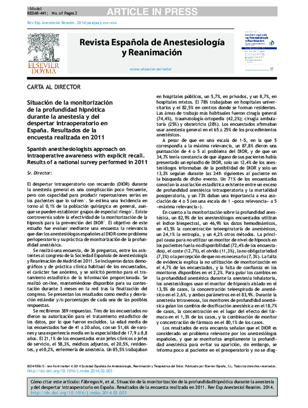 (PDF) Situación de la monitorización de la profundidad hipnótica ...