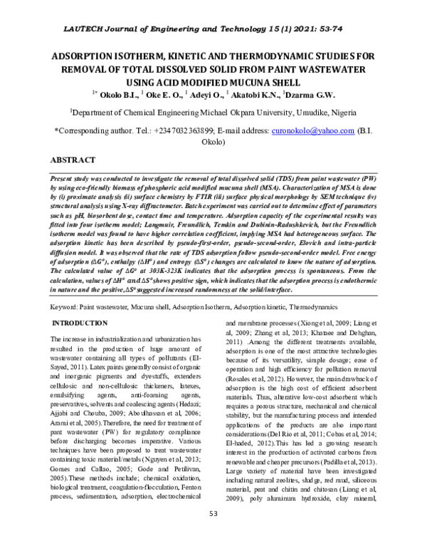 (PDF) Adsorption Isotherm, Kinetic and Thermodynamic Studies for Removal of Total Dissolved ...