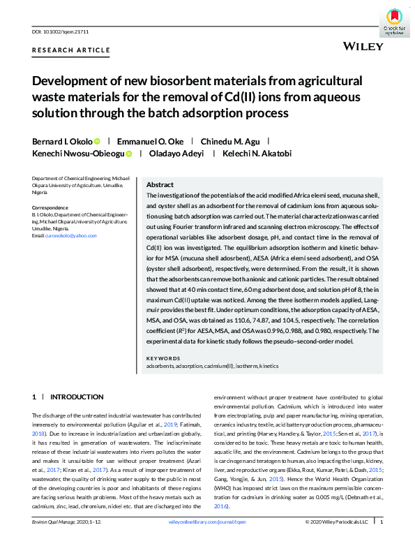 (PDF) Development of new biosorbent materials from agricultural waste materials for the removal ...