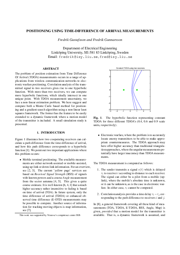 Pdf Positioning Using Time Difference Of Arrival Measurements