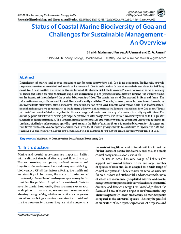 (PDF) Status of Coastal Marine Biodiversity of Goa and Challenges for ...
