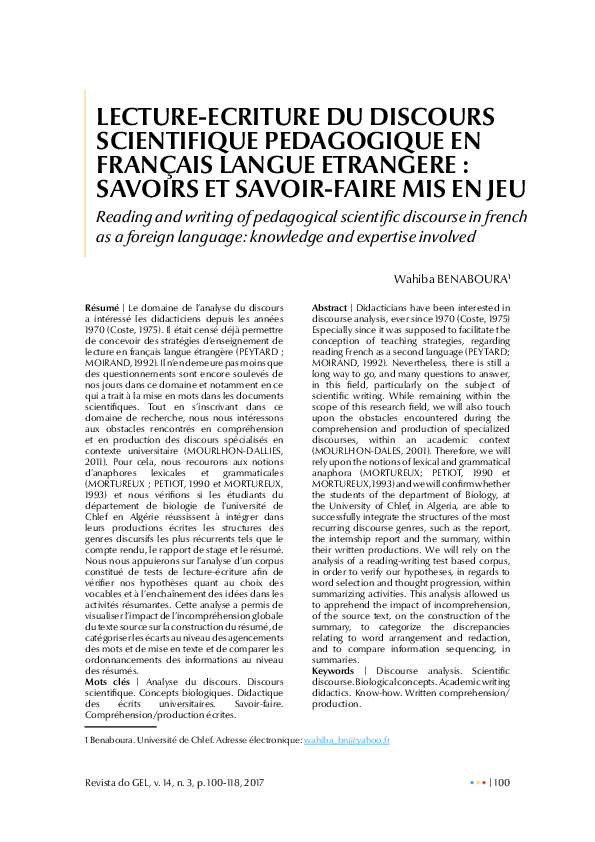 (PDF) Lecture-écriture du discours scientifique pedagogique en français ...