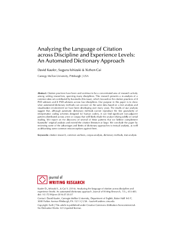 (PDF) Analyzing the Language of Citation across Discipline and ...