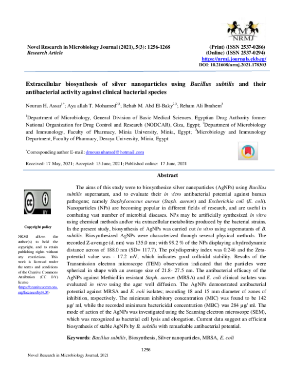 Pdf Extracellular Biosynthesis Of Silver Nanoparticles Using Bacillus