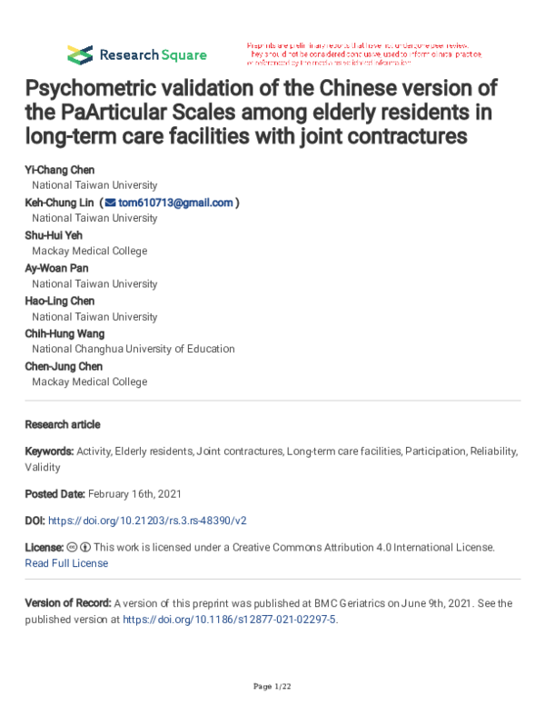 (PDF) Psychometric validation of the Chinese version of the PaArticular ...