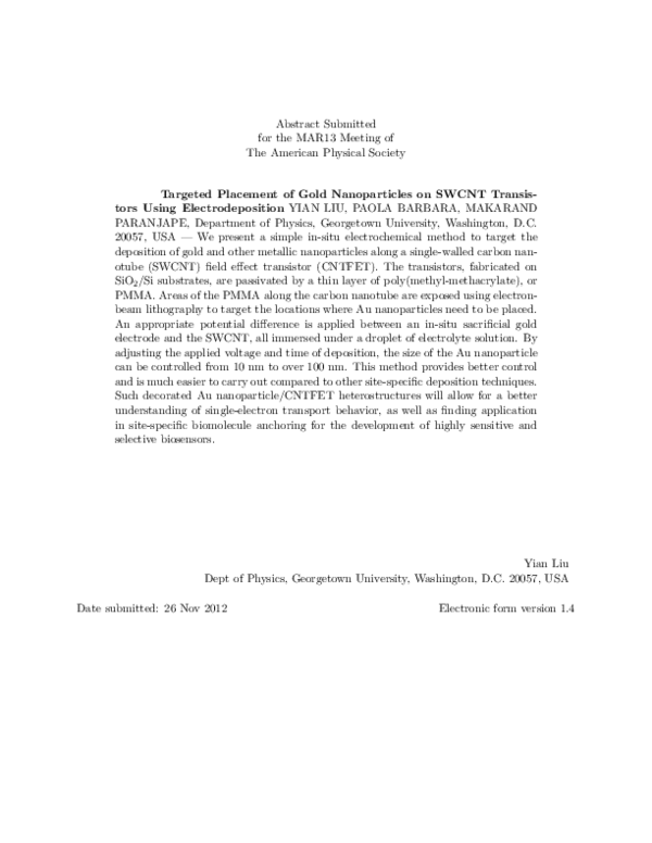 (PDF) Targeted Placement of Gold Nanoparticles on SWCNT Transistors ...