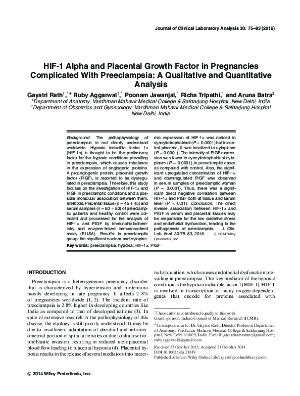 (PDF) HIF‐1 Alpha and Placental Growth Factor in Pregnancies Complicated With Preeclampsia: A ...