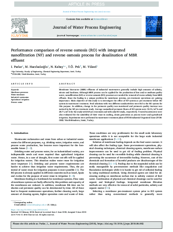 (PDF) Performance comparison of reverse osmosis (RO) with integrated nanofiltration (NF) and ...