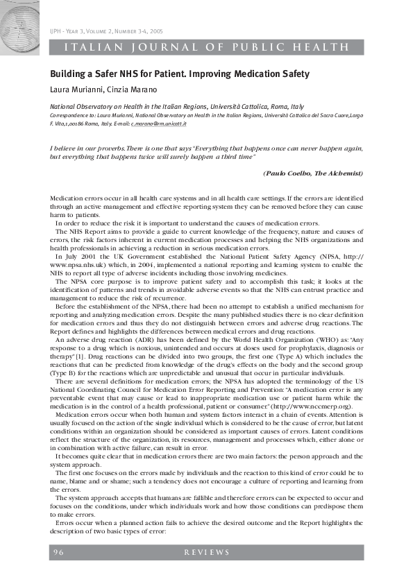 (PDF) Building a Safer NHS for Patient. Improving Medication Safety