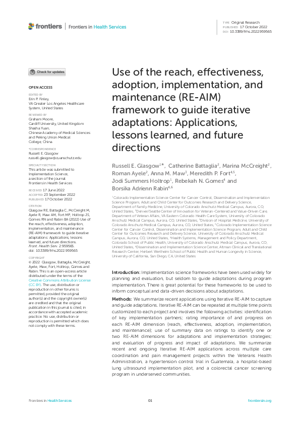 (PDF) Use of the reach, effectiveness, adoption, implementation, and maintenance (RE-AIM ...