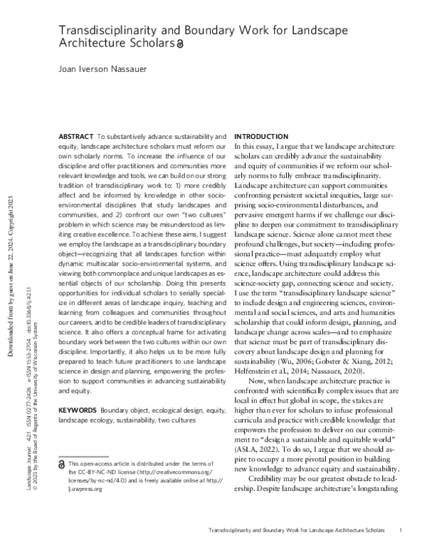 (PDF) Transdisciplinarity and Boundary Work for Landscape Architecture Scholars