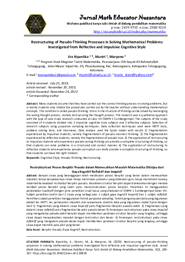(PDF) Restructuring of Pseudo-Thinking Processes in Solving Mathematical Problems Investigated ...