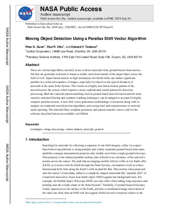 (PDF) Moving Object Detection Using a Parallax Shift Vector Algorithm