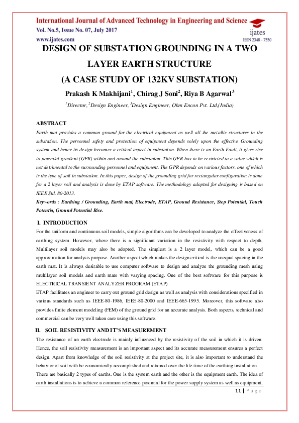 (PDF) Design of Substation Grounding in a Two Layer Earth Structure (A ...