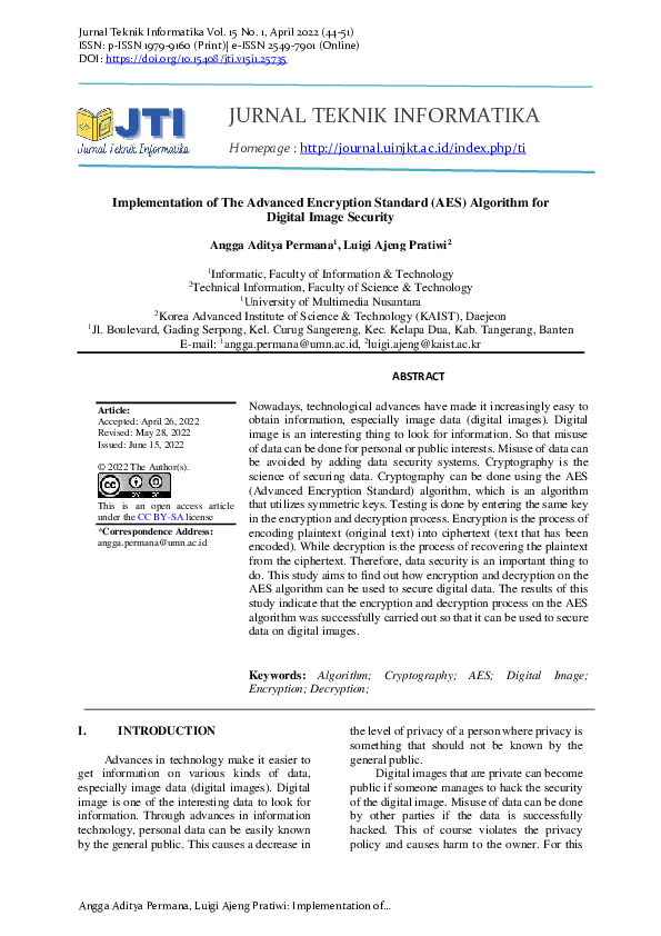 (PDF) Implementation of The Advanced Encryption Standard (AES) Algorithm for Digital Image Security