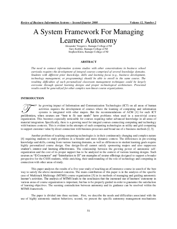 (PDF) A System Framework For Managing Learner Autonomy