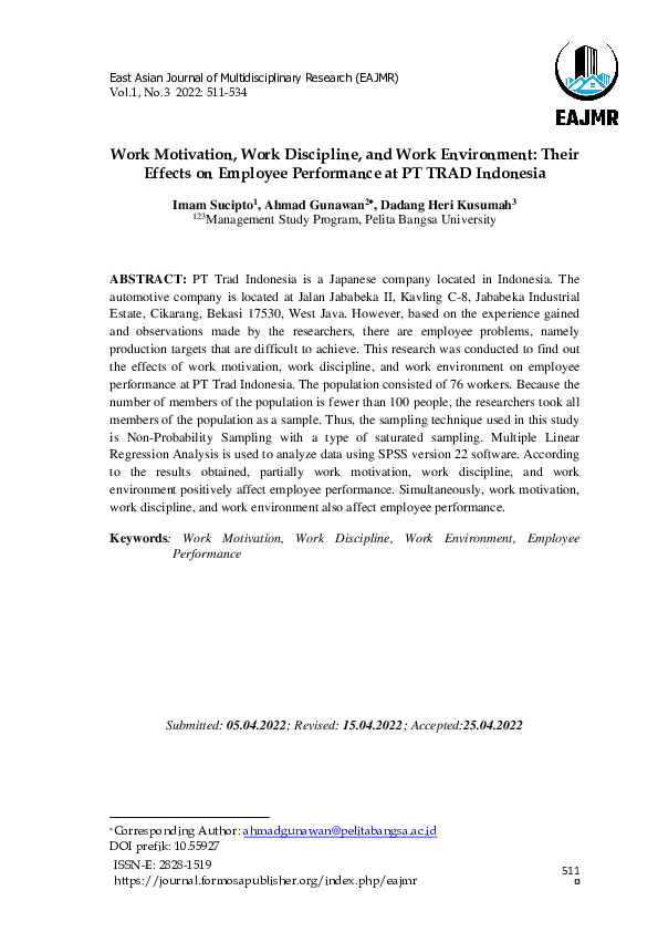 (PDF) Work Motivation, Work Discipline, and Work Environment: Their ...