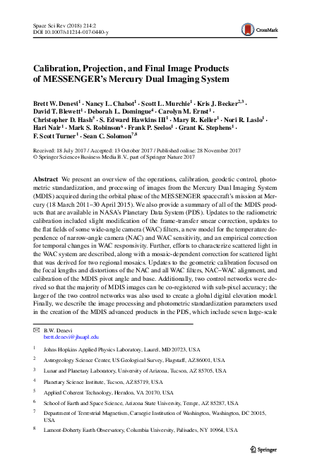 (PDF) Calibration, Projection, and Final Image Products of MESSENGER’s Mercury Dual Imaging ...