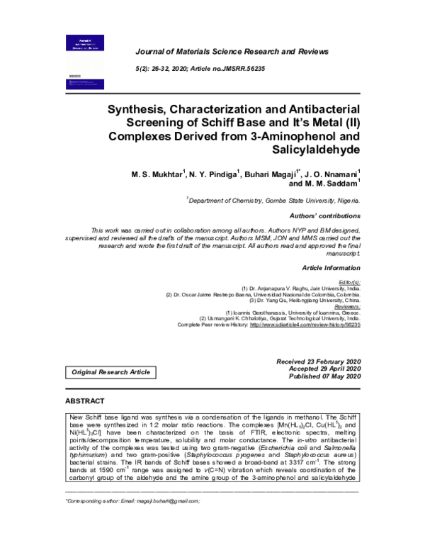 (PDF) Synthesis, Characterization and Antibacterial Screening of Schiff Base and It’s Metal (II ...