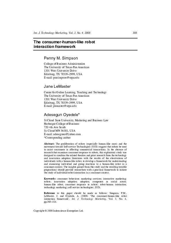 Pdf The Consumer Human Like Robot Interaction Framework