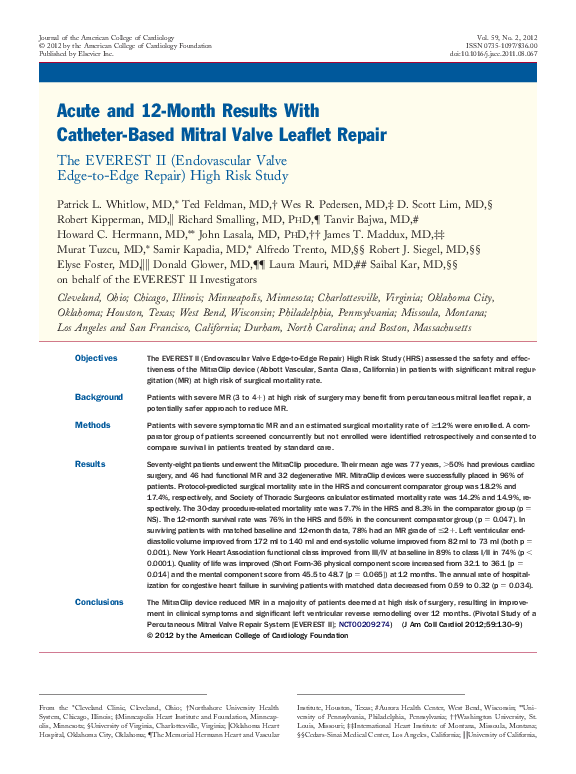 (PDF) Acute and 12-Month Results With Catheter-Based Mitral Valve ...