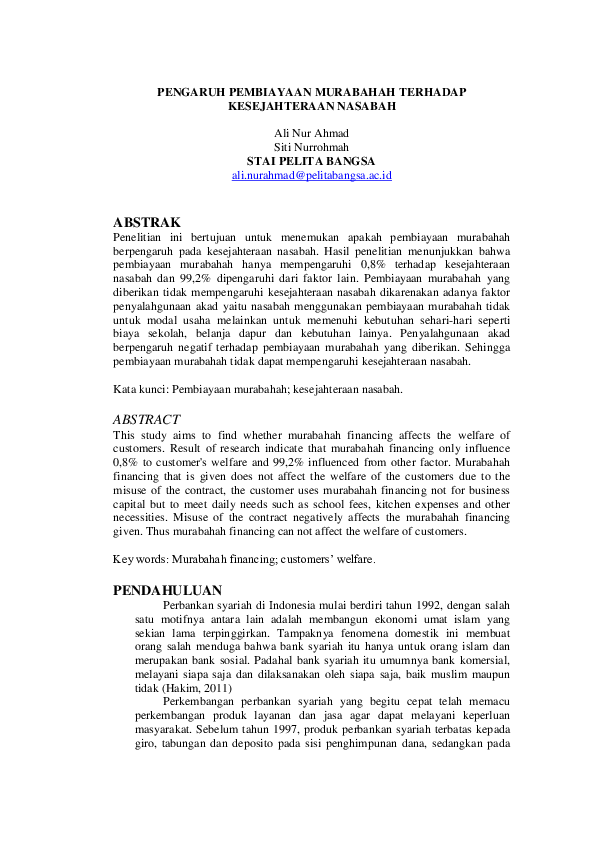 (PDF) Pengaruh Pembiayaan Murabahah Terhadap Kesejahteraan Nasabah