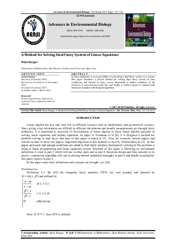 Pdf A Method For Solving Dual Fuzzy System Of Linear Equations