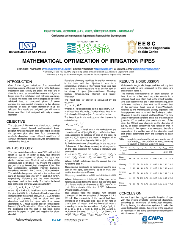 (PDF) Mathematical Optimization of Irrigation Pipes