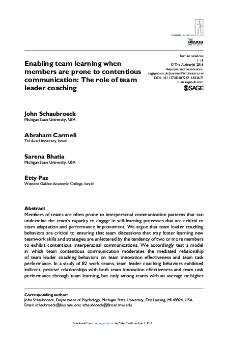 (PDF) Enabling team learning when members are prone to contentious ...