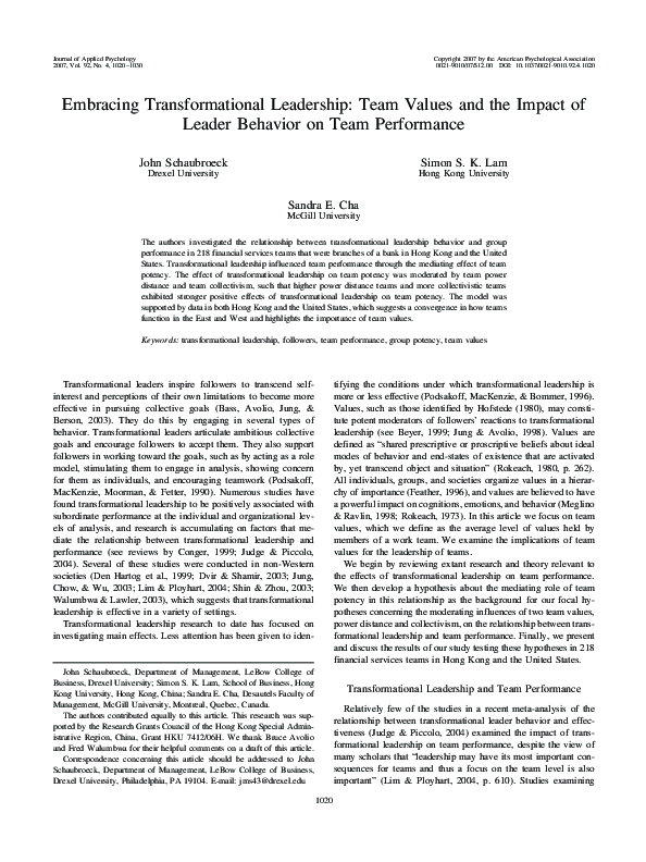 (PDF) Embracing transformational leadership: Team values and the impact of leader behavior on ...