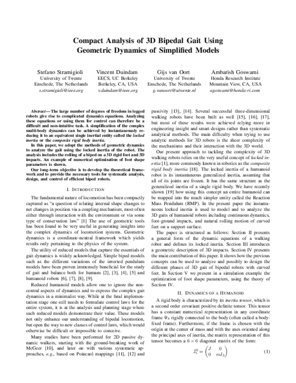 (PDF) Compact analysis of 3D bipedal gait using geometric dynamics of simplified models
