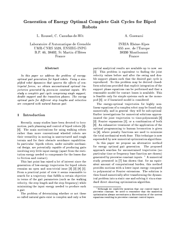 (PDF) Generation of energy optimal complete gait cycles for biped robots