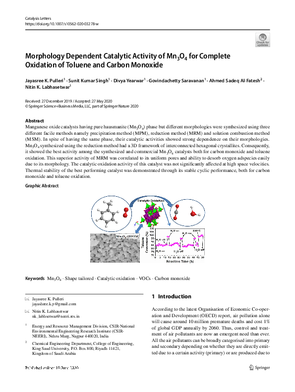 (PDF) Morphology Dependent Catalytic Activity of Mn3O4 for Complete ...