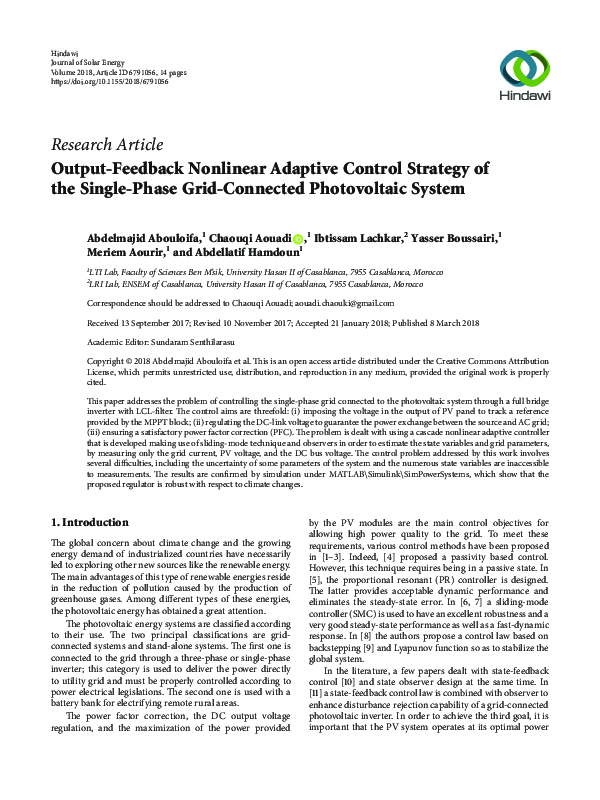 (PDF) Output-Feedback Nonlinear Adaptive Control Strategy of the Single-Phase Grid-Connected ...