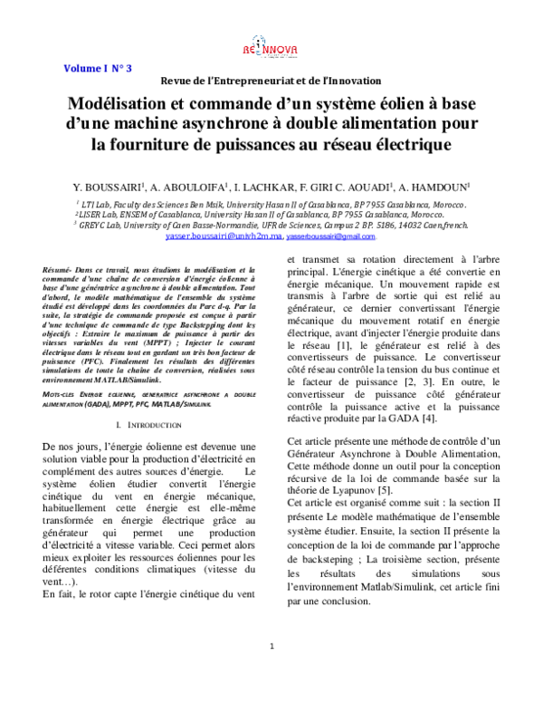 (PDF) Modélisation et commande d’un système éolien à base d’une machine asynchrone à double ...