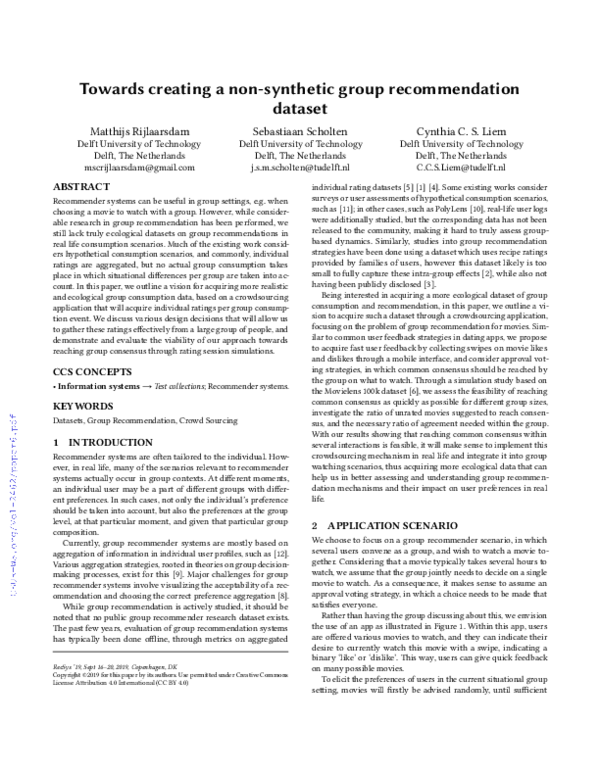 (PDF) Towards creating a non-synthetic group recommendation dataset (PDF) Towards creating a non-synthetic group recommendation dataset
