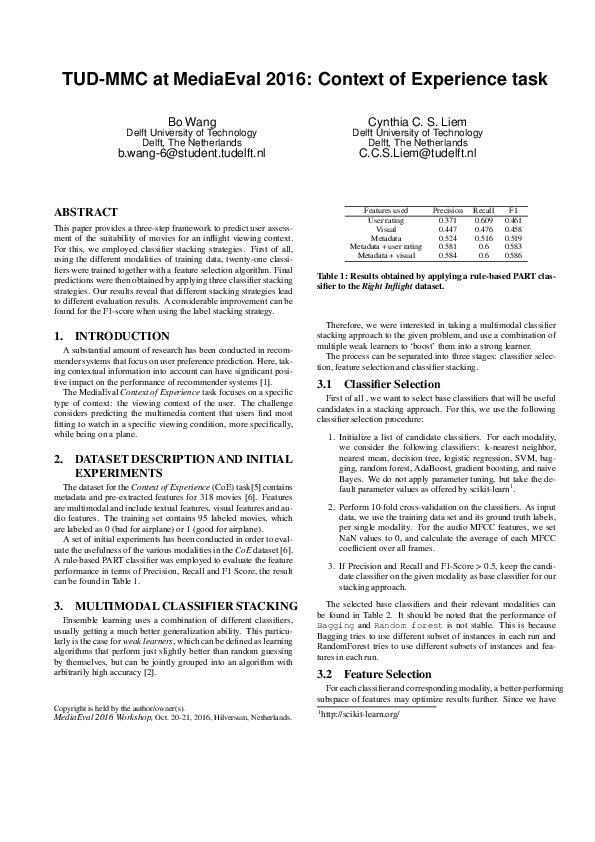 (PDF) TUD-MMC at MediaEval 2016: Context of Experience task
