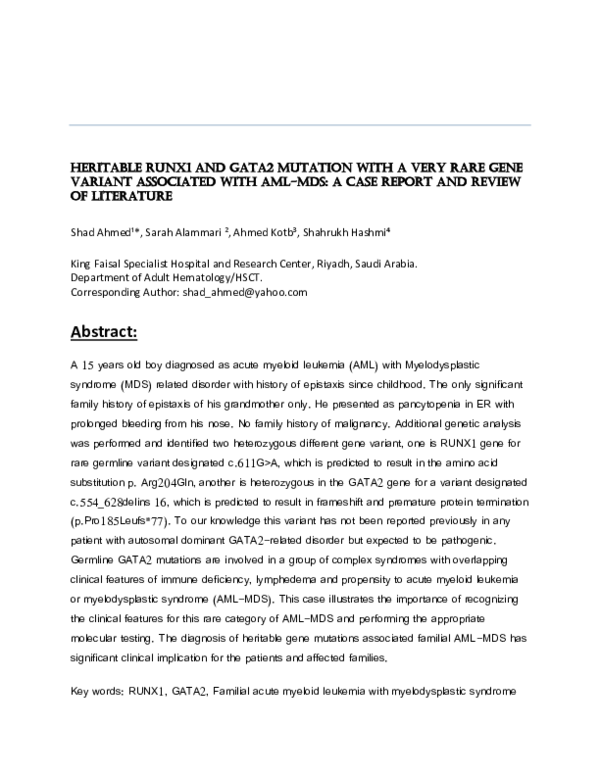 (PDF) 32 / Heritable RUNX1 and GATA2 mutation with a very rare gene variant associated with AML ...