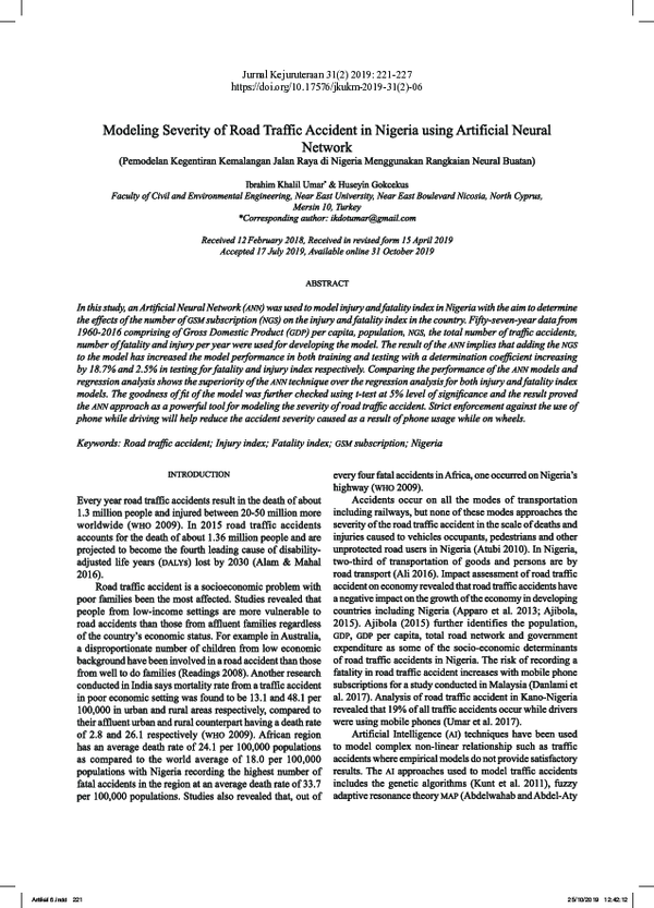 (PDF) Modeling Severity of Road Traffic Accident in Nigeria using Artificial Neural Network