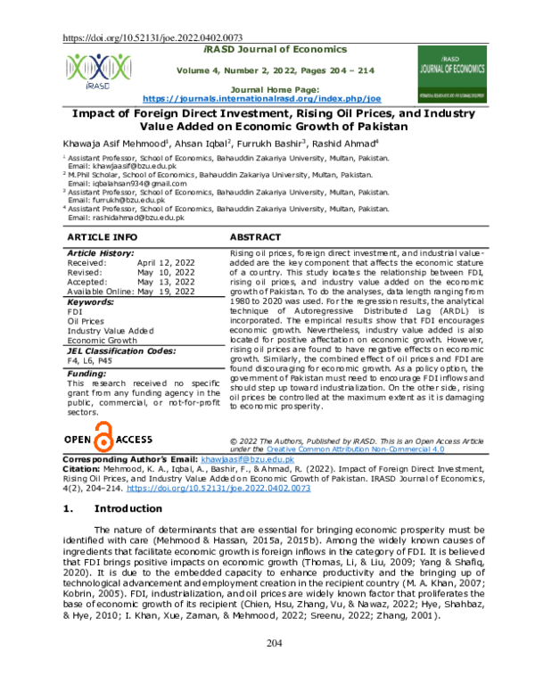 (PDF) Impact of Foreign Direct Investment, Rising Oil Prices, and ...