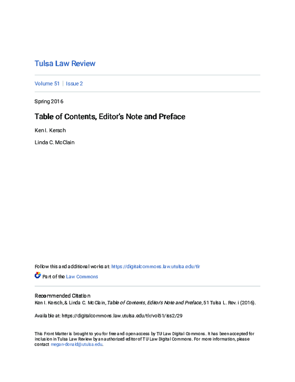 (PDF) Table of Contents, Editor's Note and Preface | Linda McClain ...