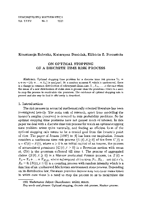 (PDF) On Optimal Stopping of a Discrete Time Risk Process