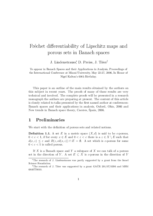 Pdf Fréchet Differentiability Of Lipschitz Maps And Porous Sets In Banach Spaces