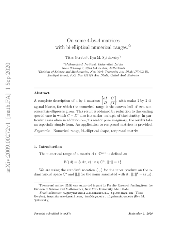 (PDF) On some 4-by-4 matrices with bi-elliptical numerical ranges