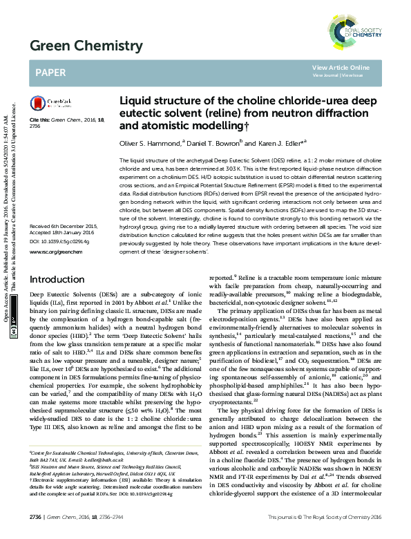 (PDF) Liquid structure of the choline chloride-urea deep eutectic ...