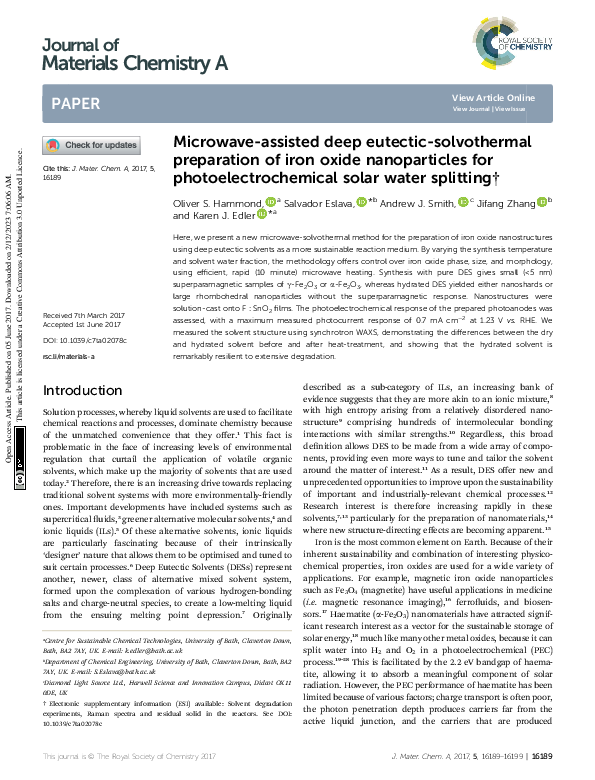 (PDF) Microwave-assisted deep eutectic-solvothermal preparation of iron ...
