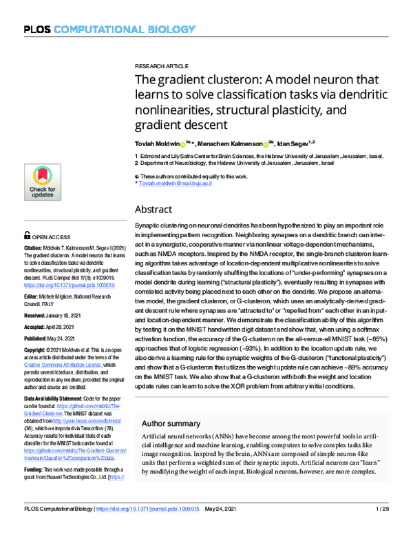(PDF) The gradient clusteron: A model neuron that learns to solve classification tasks via ...